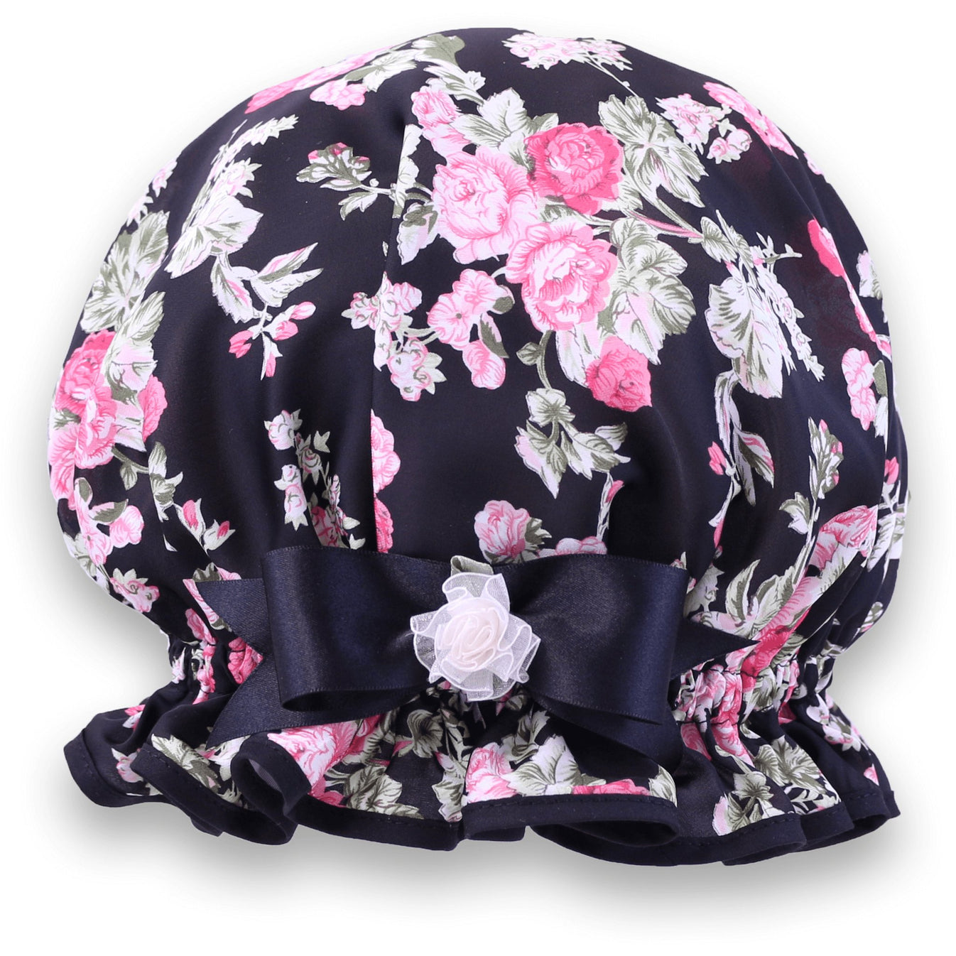 Black Floral Printed Satin Shower Cap